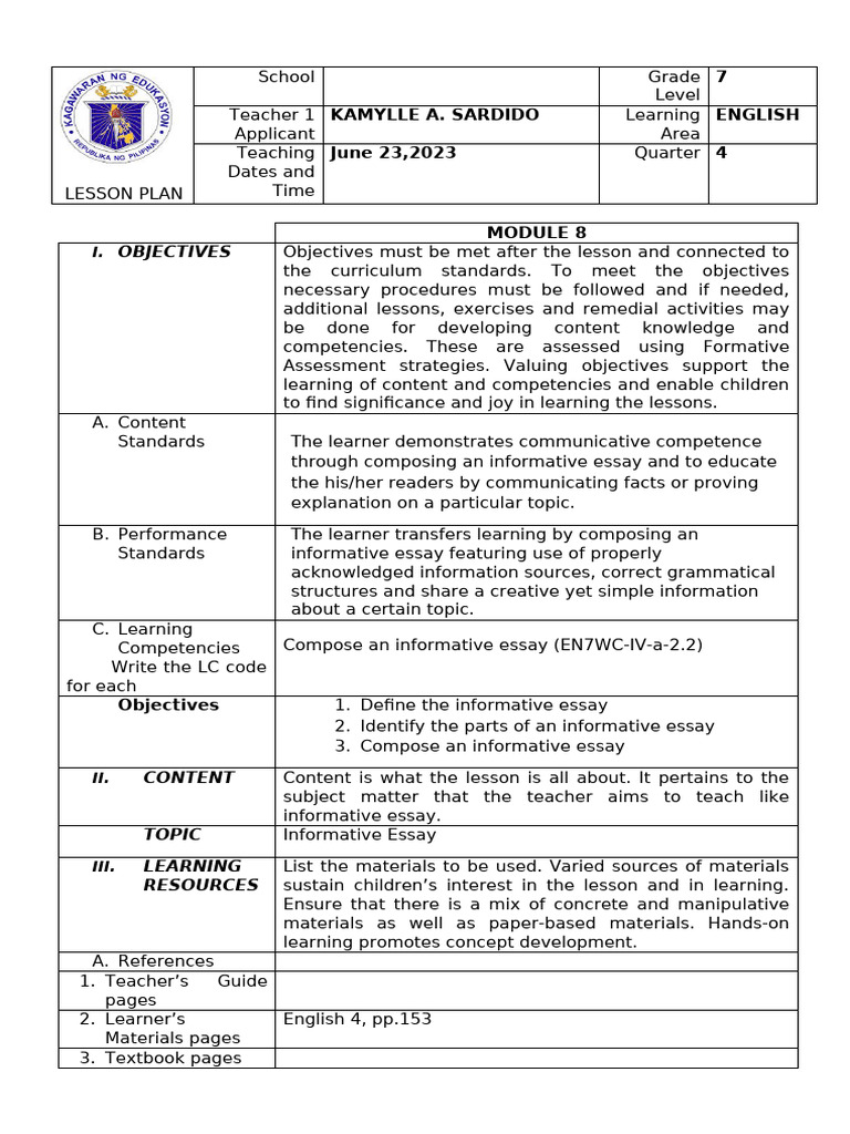Grade 7 Informative Essay Lesson Plan | PDF | Essays | Learning