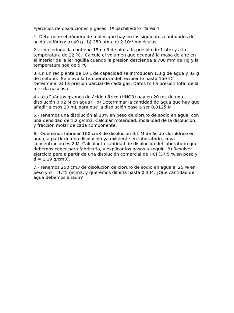 Tarea 1-Ejercicios de Disoluciones y Gases | PDF