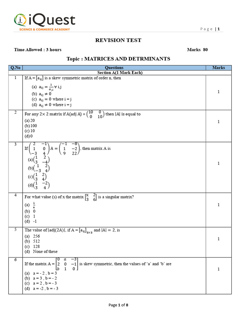 MATRICES_DETERMINANTS | PDF | Matrix (Mathematics) | Algebra