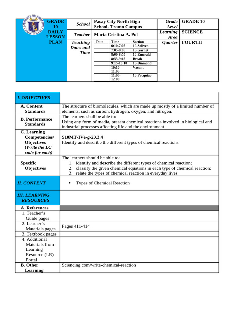 Semi Detailed Daily Lesson Plan in Scien | PDF | Chemical Reactions ...