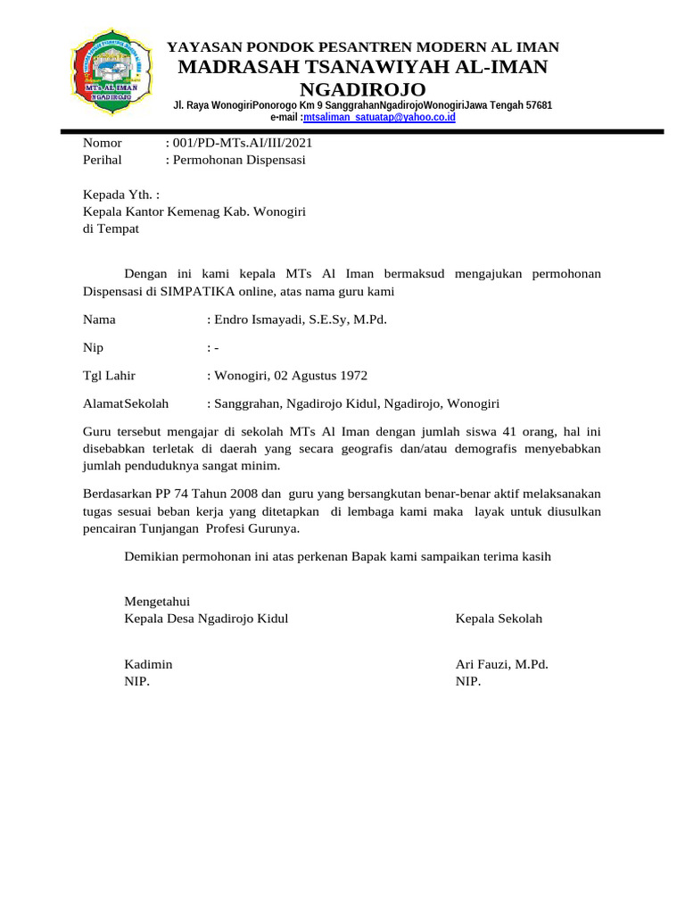 Contoh Surat Permohonan Dispensasi | PDF