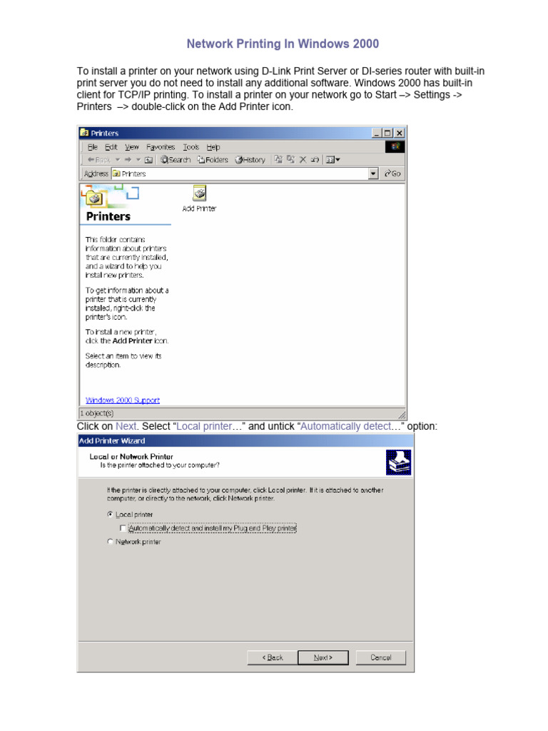 Network Printing (Windows 2000) Dp301u | PDF | Port (Computer Networking) | Printer (Computing)