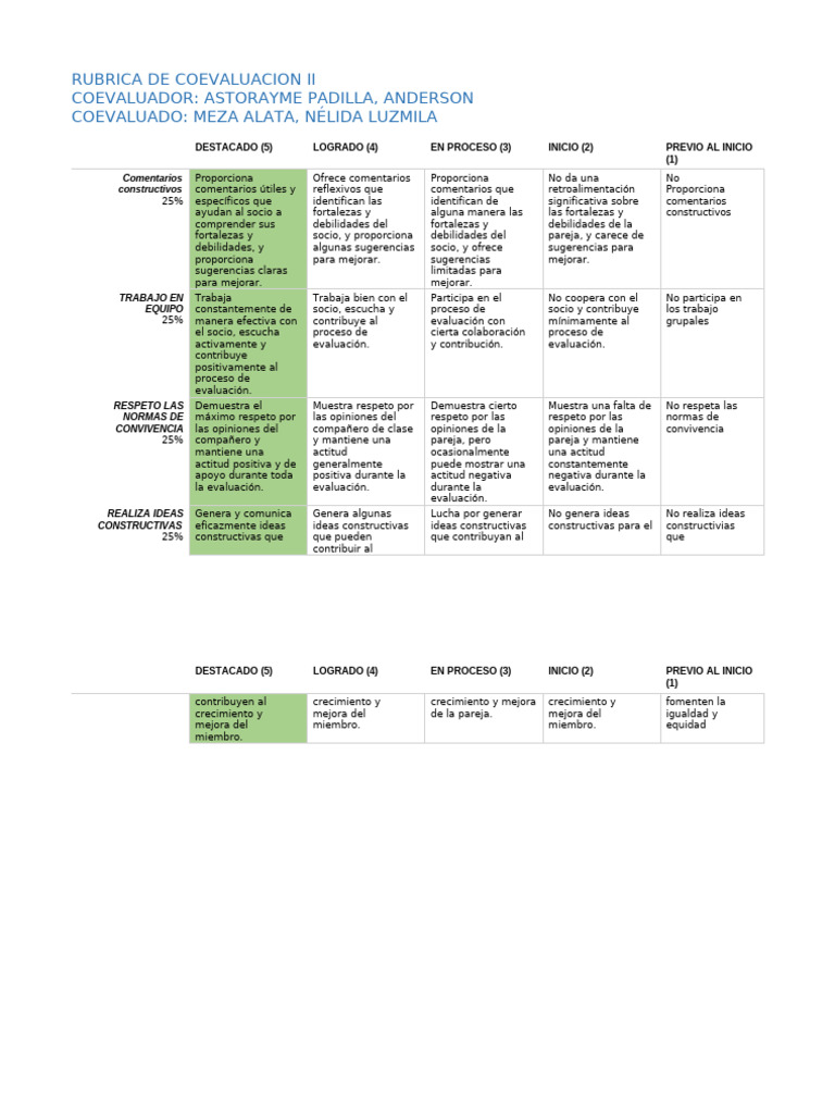 RUBRICA_DE_COEVALUACION_II | PDF | Psicología Social | Conceptos psicologicos
