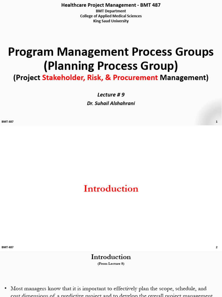 Lecture 9 Management Process Groups Planning Process Group Stakeholder