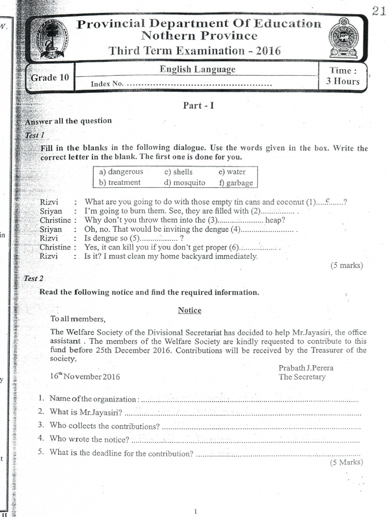 Provincial Department of Education Nothern Province Third Term ...