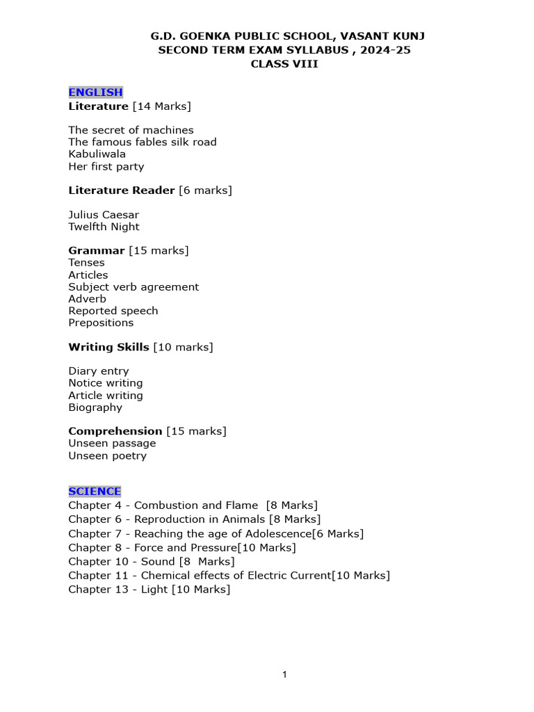 Class VIII Second Term Exam Syllabus - 2024-25 | PDF