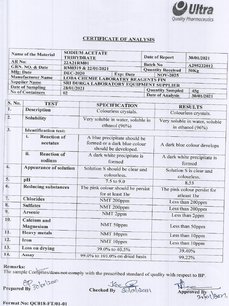 Sodium Acetate COA | PDF