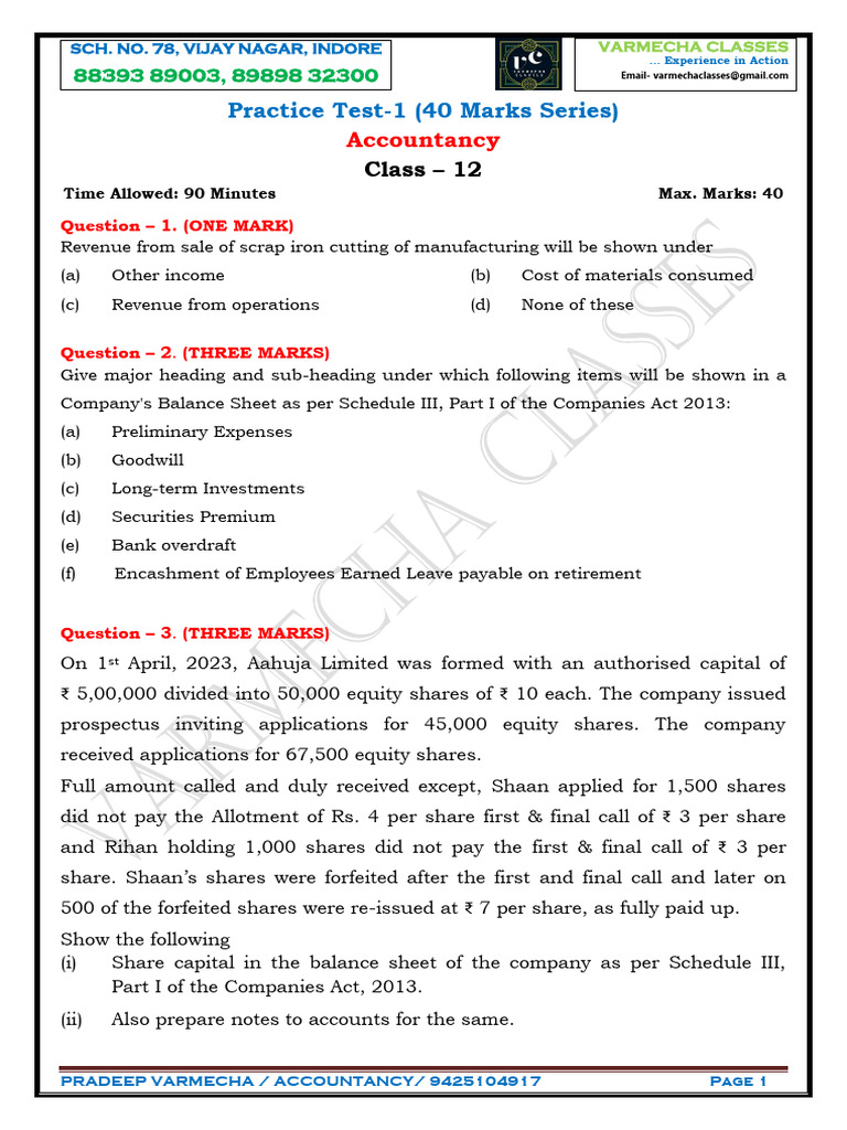 Varmecha Classes Accountancy Practice Test | PDF | Balance Sheet | Book ...