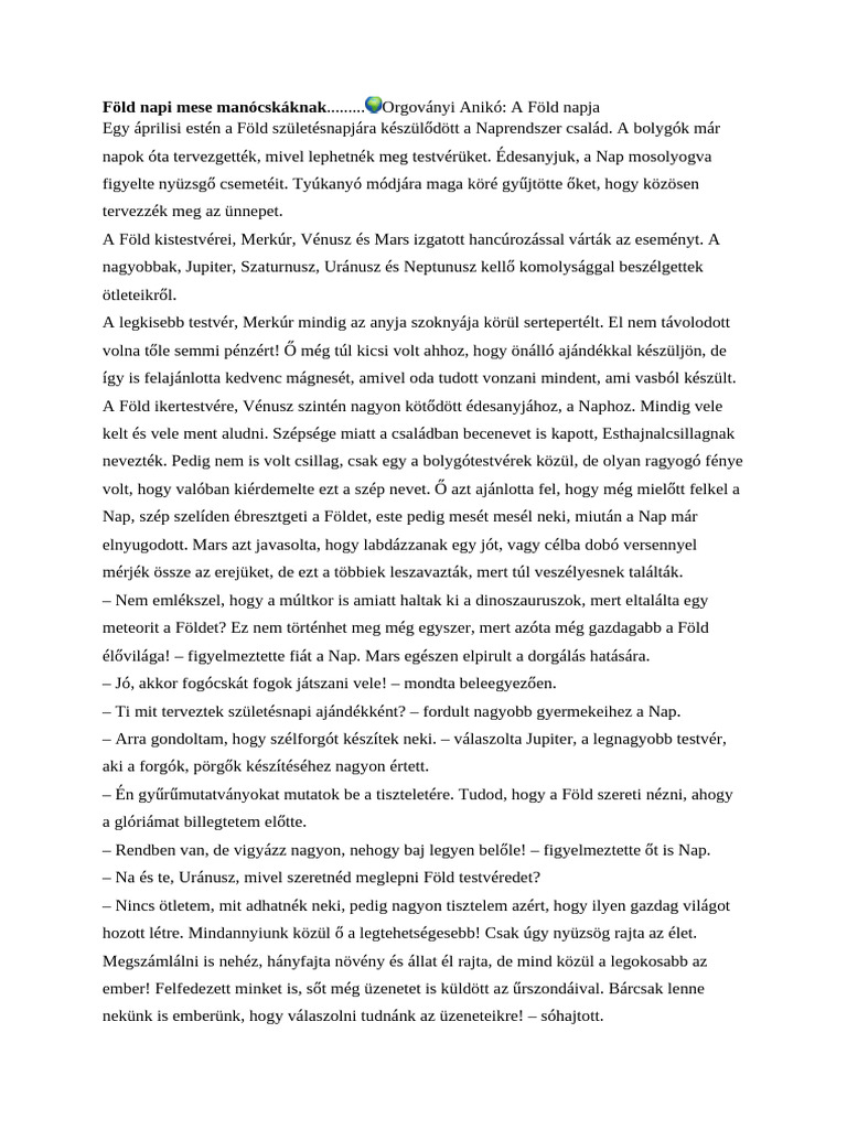 Föld Napi Mese Manócskáknak | PDF