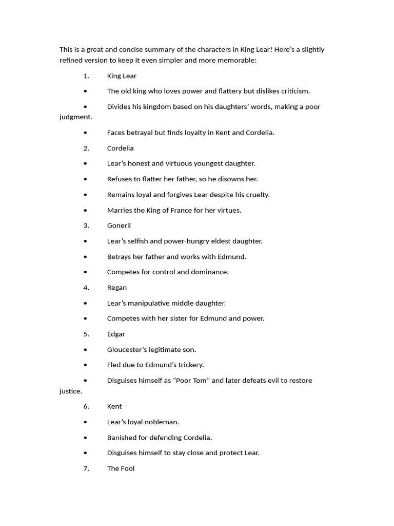 King Lear Character Guide | PDF | King Lear | Shakespearean Tragedies