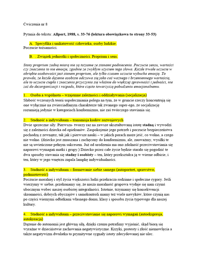Pytania Do Tekstu Allport 1988, S. 33-76 | PDF