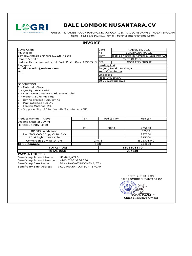 Contoh Invoice and Packing List | PDF