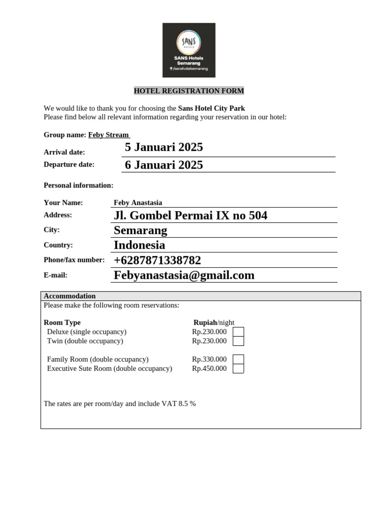 Hotel Registration Form for Sans Hotel | PDF