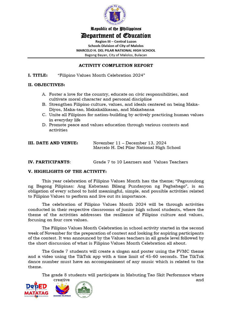 MHPNHS - ACR - Filipino Values Month - 2024 | PDF | Philippines