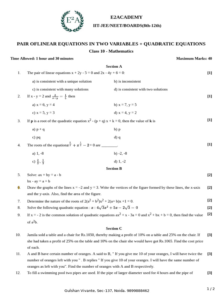 Class 10 Math: Linear & Quadratic Equations | PDF | Equations | Mathematical Concepts