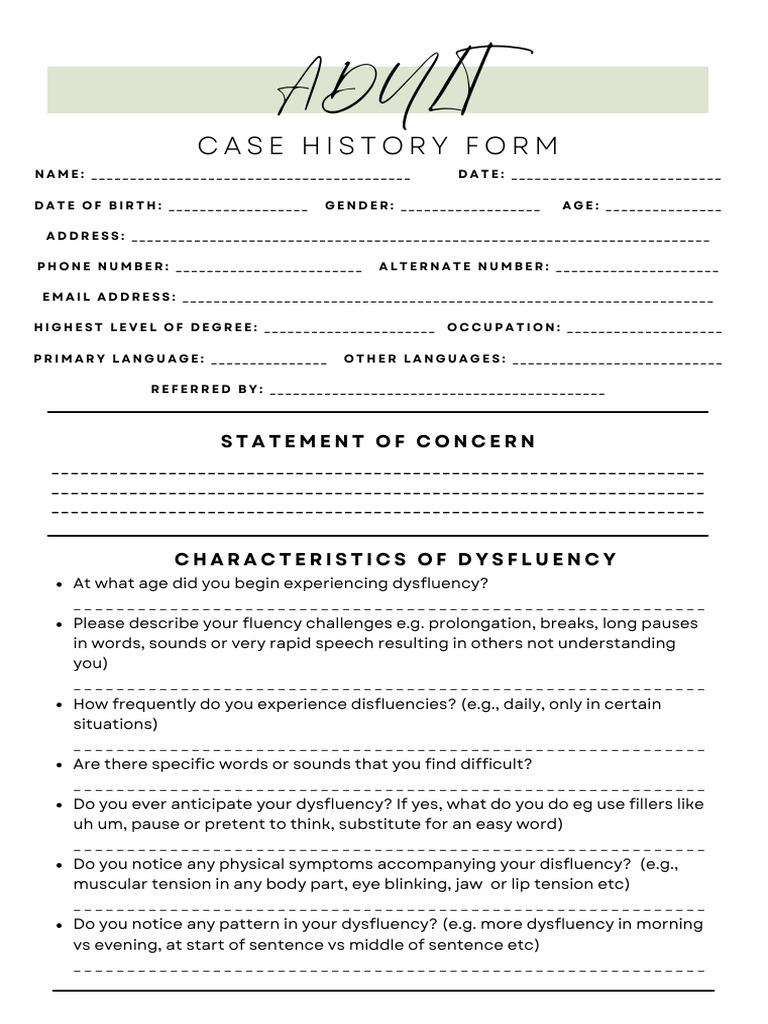 Adult Case History Form Fluency | PDF | Psychotherapy | Anxiety