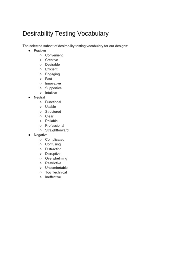 Desirability Testing Vocabulary Guide | PDF