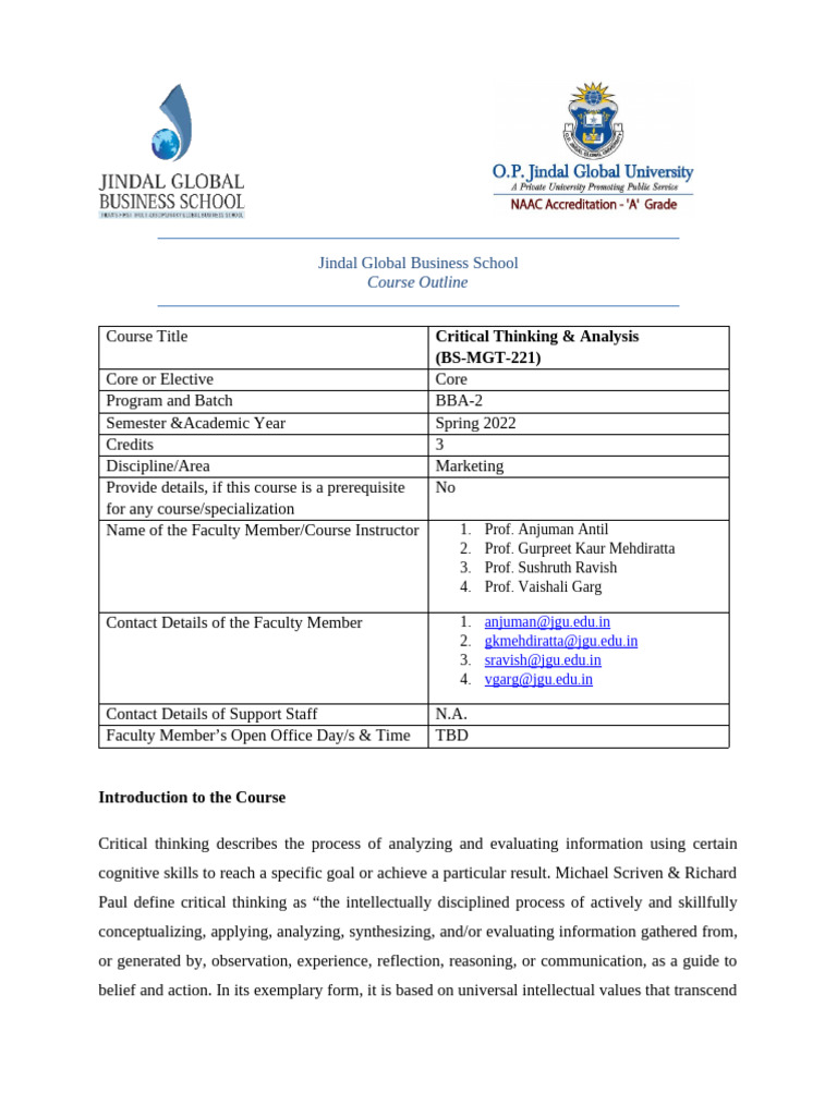 Critical Thinking Analysis (BBA 2020 Core Course)-Spring 2022 | PDF | Critical Thinking | Thought