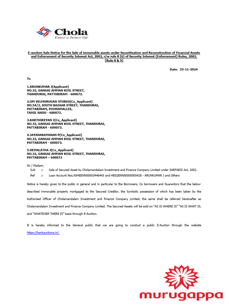 CHOLAMANDALAM E-AUCTION SALE NOTICE-TAMIL NADU-CHENNAI-ARUNKUMAR J-30 ...