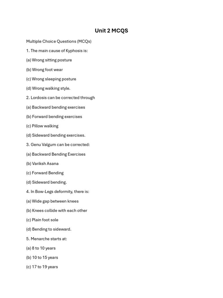 Unit 2 MCQS | PDF | Scoliosis | Anorexia Nervosa