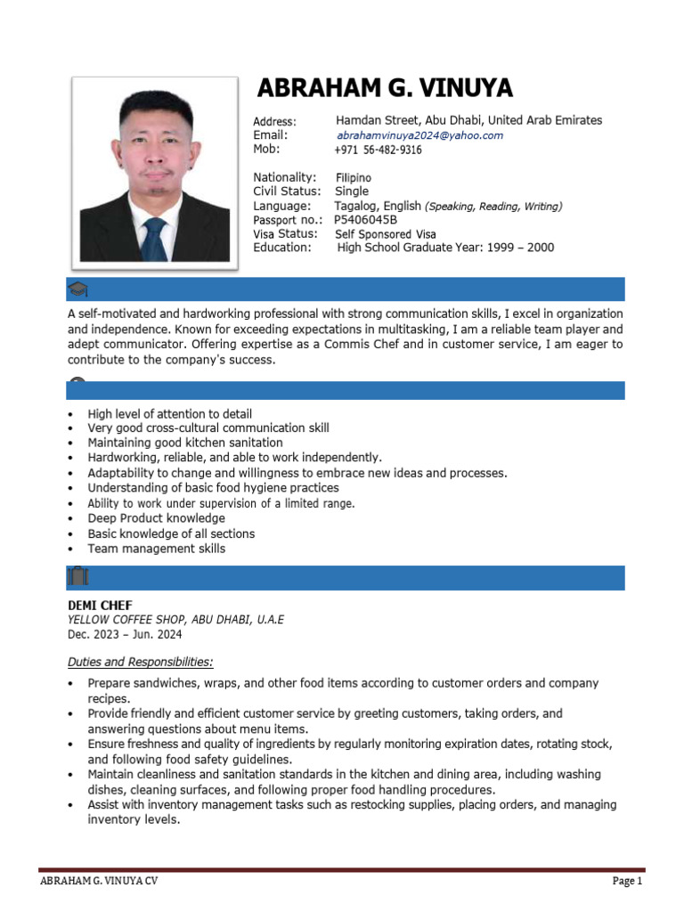 Abraham Vinuya - CV 2024 | PDF | Chef | Kitchen