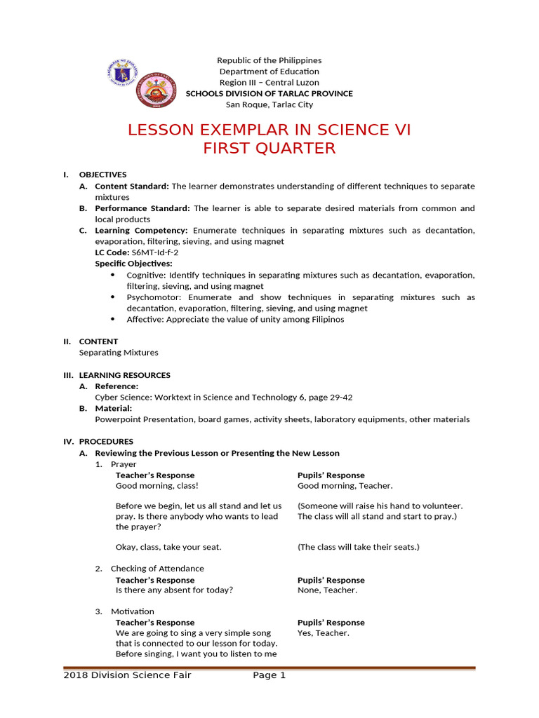 Lesson Exemplar in Science VI | PDF | Filtration | Distillation