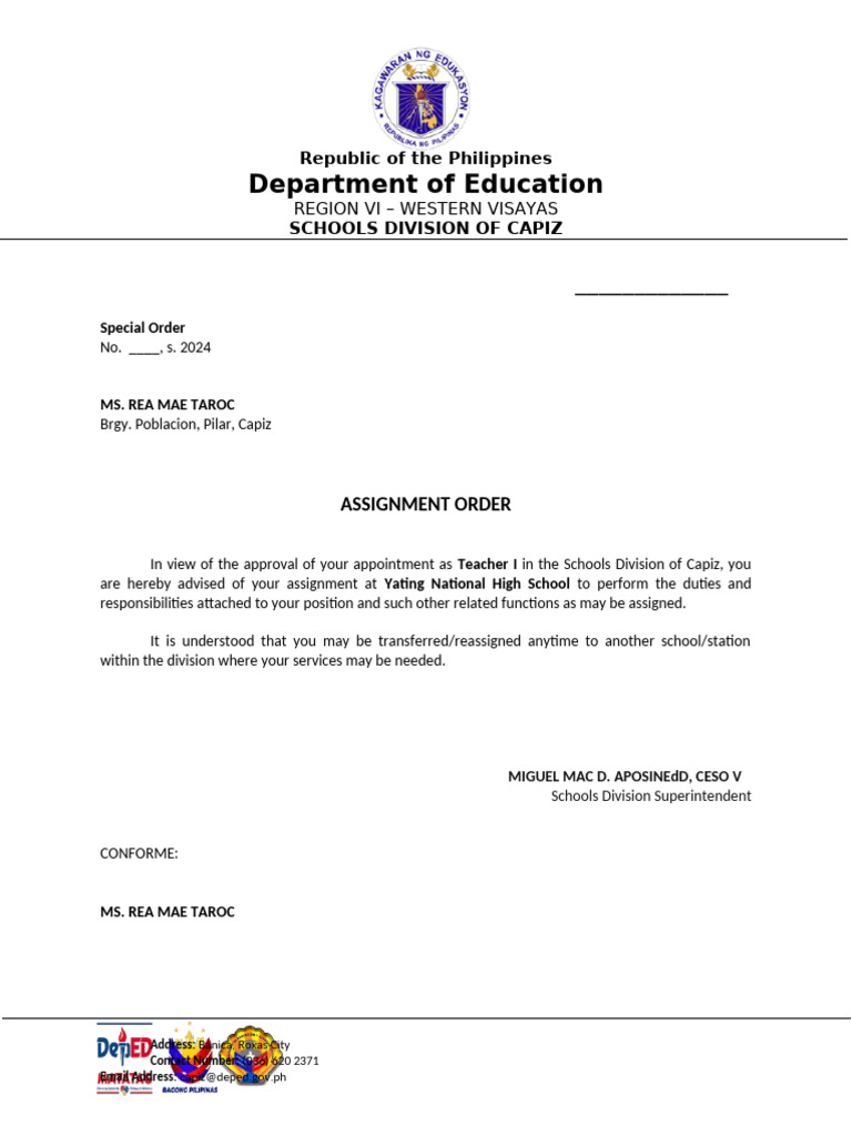 Teacher Assignment Order - Capiz 2024 | PDF