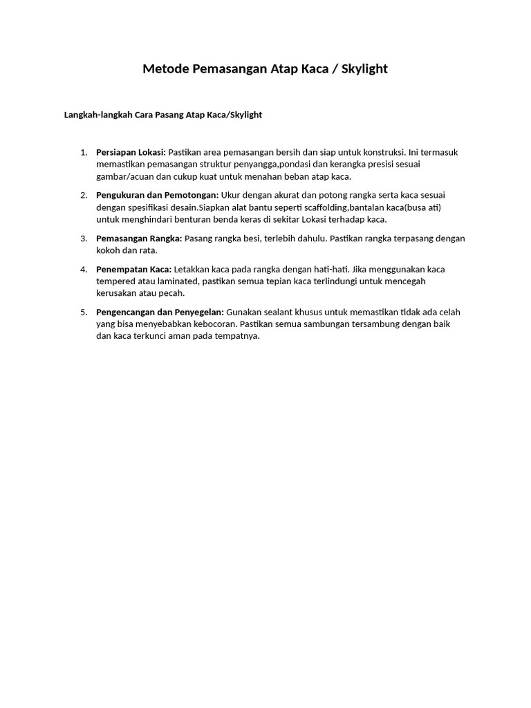 Panduan Pemasangan Atap Kaca Skylight | PDF