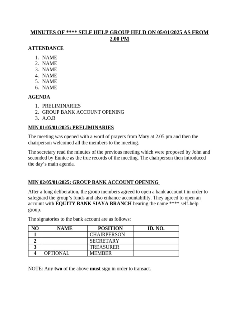 Self Help Group Bank Account Minutes | PDF