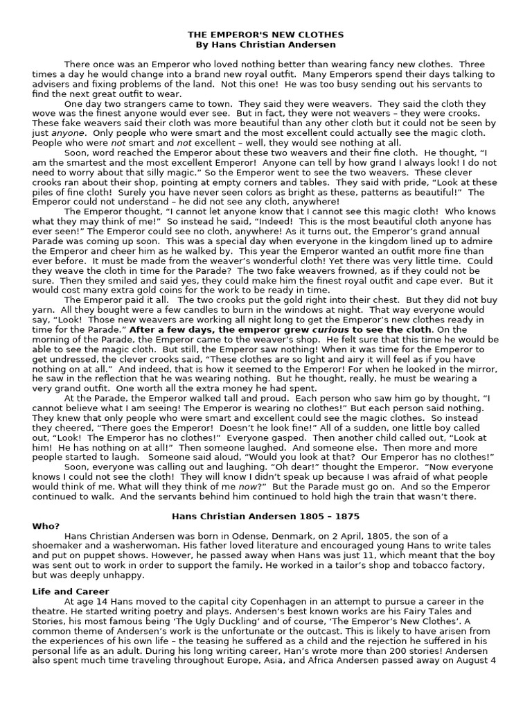 The Emperor's New Clothes | PDF | Hans Christian Andersen