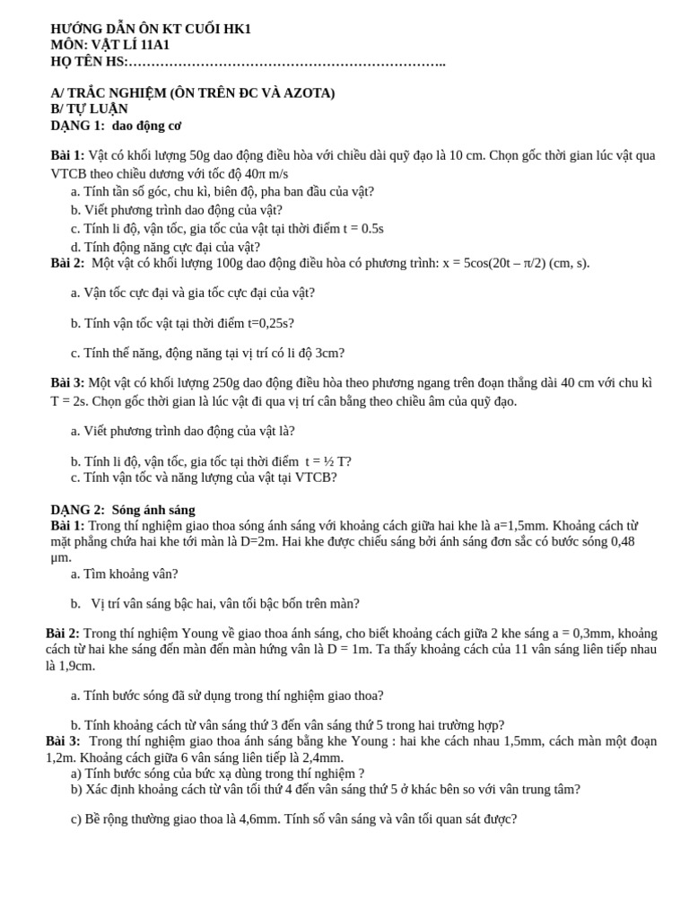 HƯỚNG DẪN ÔN KT CUỐI HK1 | PDF