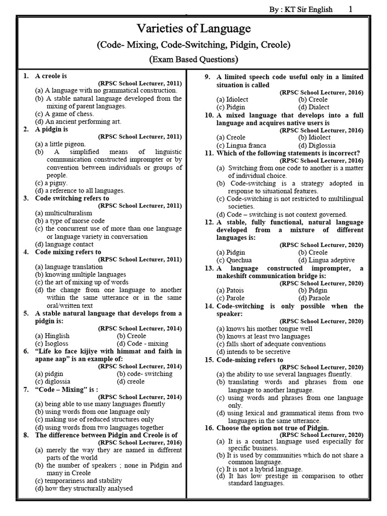 Varieties of Language - (Questions) | PDF | Cultural Assimilation | Languages