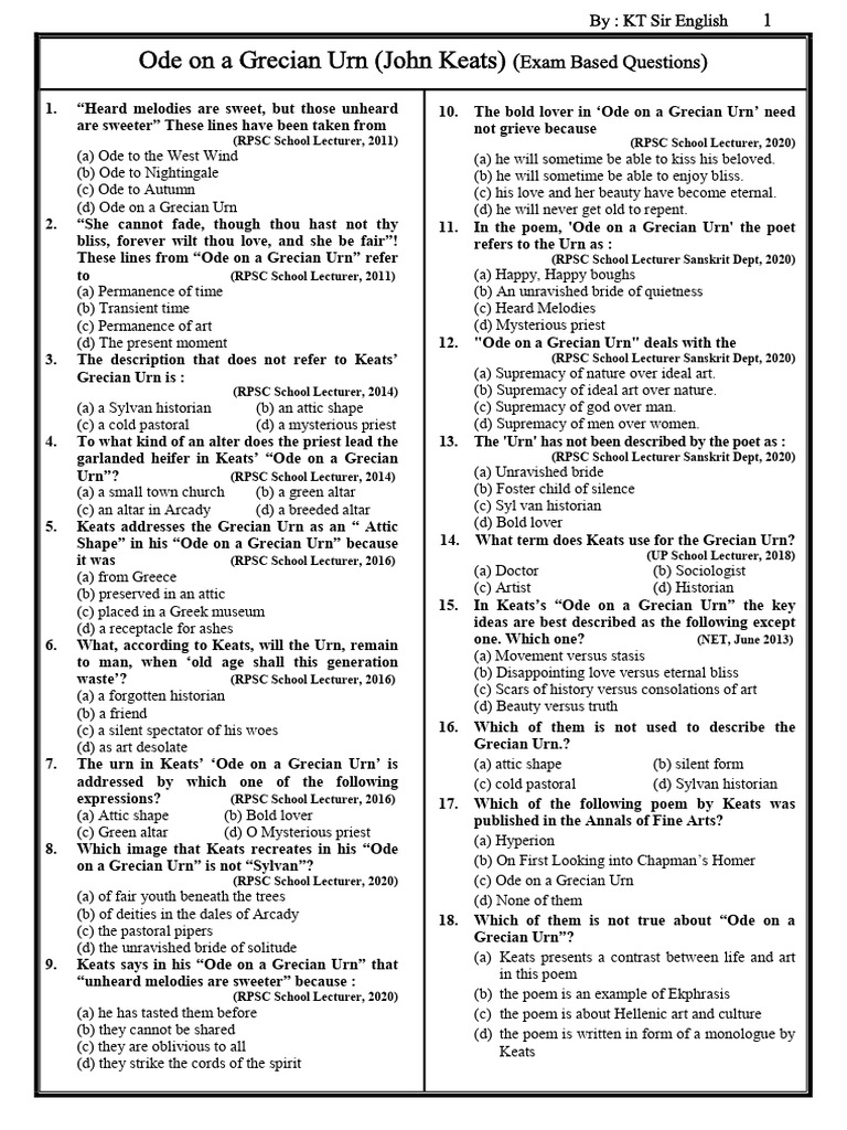 Ode On A Grecian Urn - Questions | PDF | Poems | Poetry