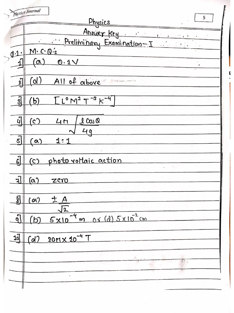 Physics Answer Key-1 | PDF