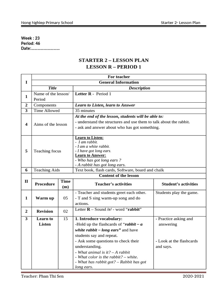 Lesson Planstarter 2 Lesson rp1 73202114 | PDF | Cognition | Human ...