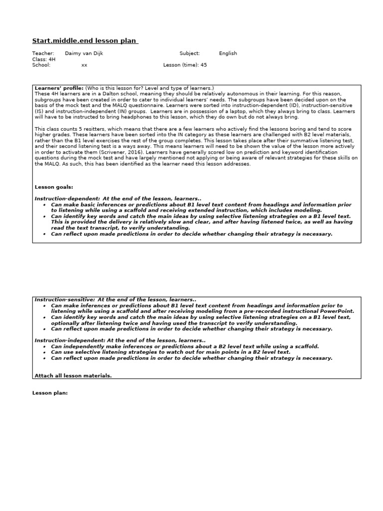 Lessonplan Startmiddleend | PDF | Learning | Cognitive Science
