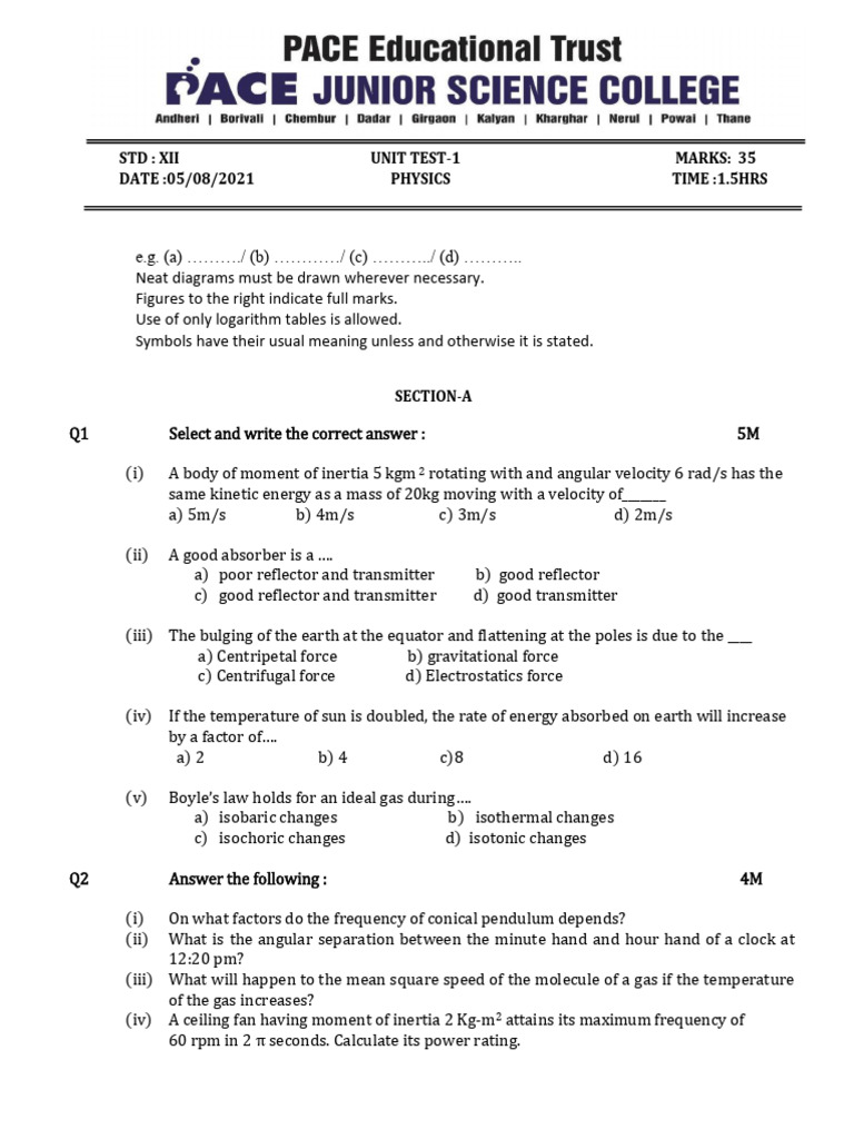 PHYSICS UT-1 QP | PDF | Force | Gases