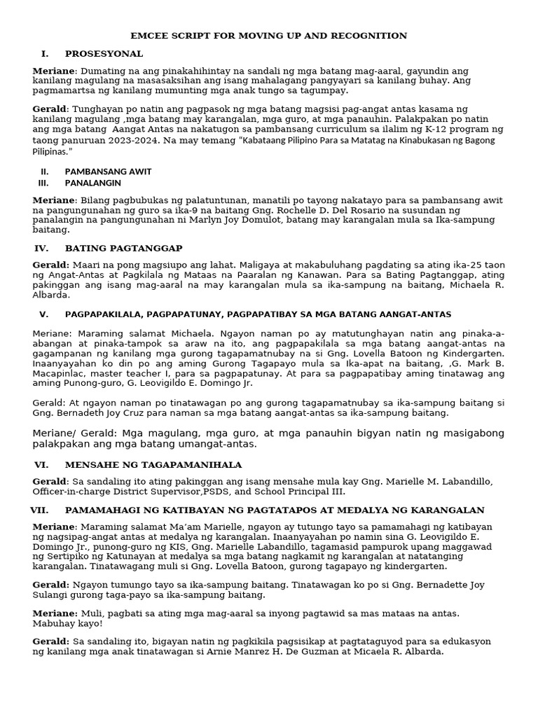 Emcee Script For Moving Up Ceremony | PDF
