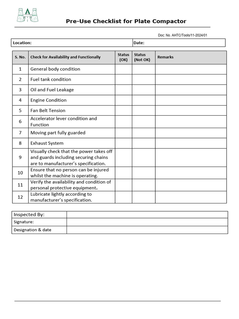 Pre Use Checklist For Plate Compactor | PDF
