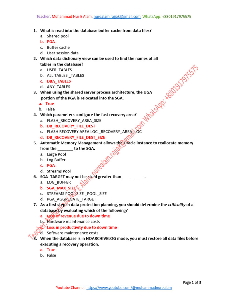 DBA MCQ (MCQ 19 +des 6) From Muhammad Nur E Alam For DBA For Students | PDF | Backup | Databases