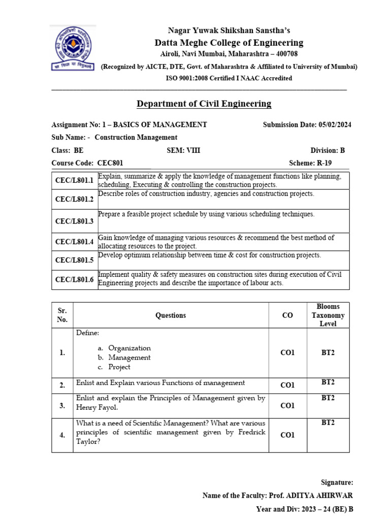 Civil Engineering Management Assignments | PDF