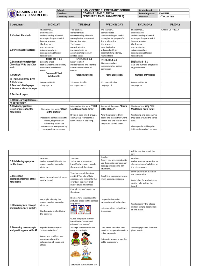 DLL_ENGLISH-1_Q3_W4 | PDF | Literacy | Learning