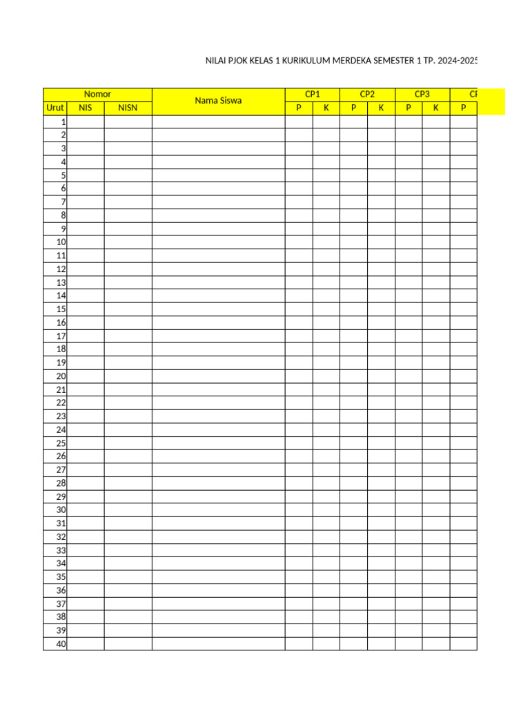 Nilai Pjok Smt 1 Tp 2024-2025 | PDF