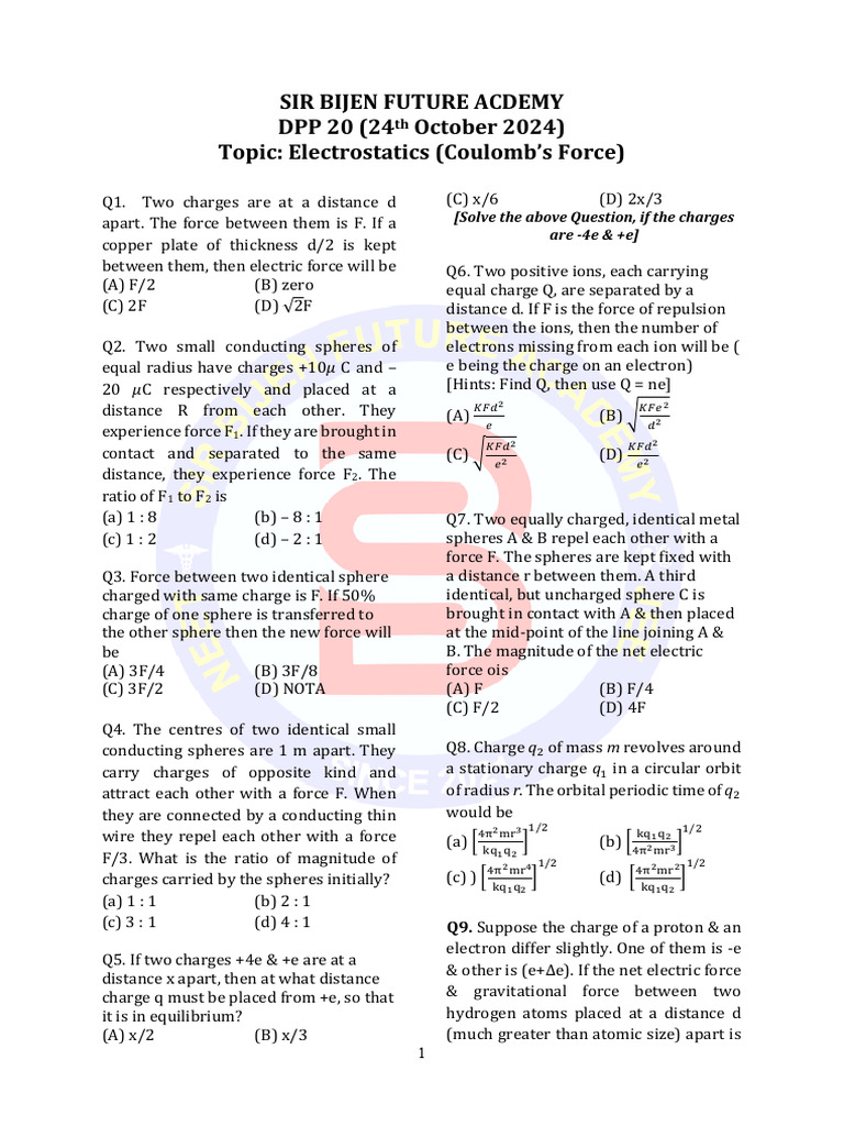 DPP 20_ Electrostatics (Coulomb's Force) | PDF | Force | Physical Sciences