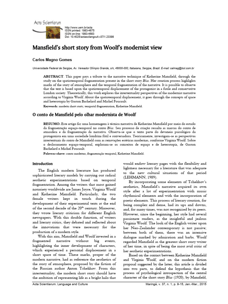 Mansfields Short Story From Woolfs Modernist Vie | PDF | Virginia Woolf ...