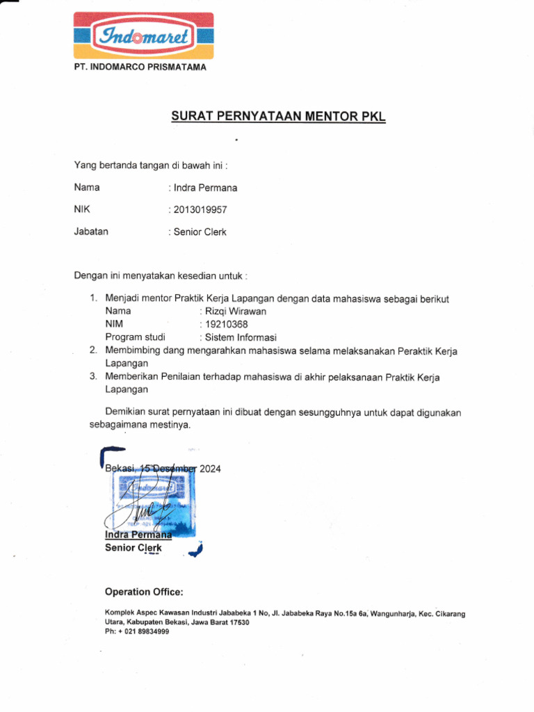 Surat Pernyataan Mentor PKL Indomaret | PDF