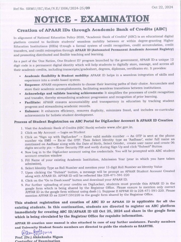 Notice 09_Creation of APAAR IDs through Academic Bank of Credits (ABC ... Notice 09_Creation of APAAR IDs through Academic Bank of Credits (ABC ...