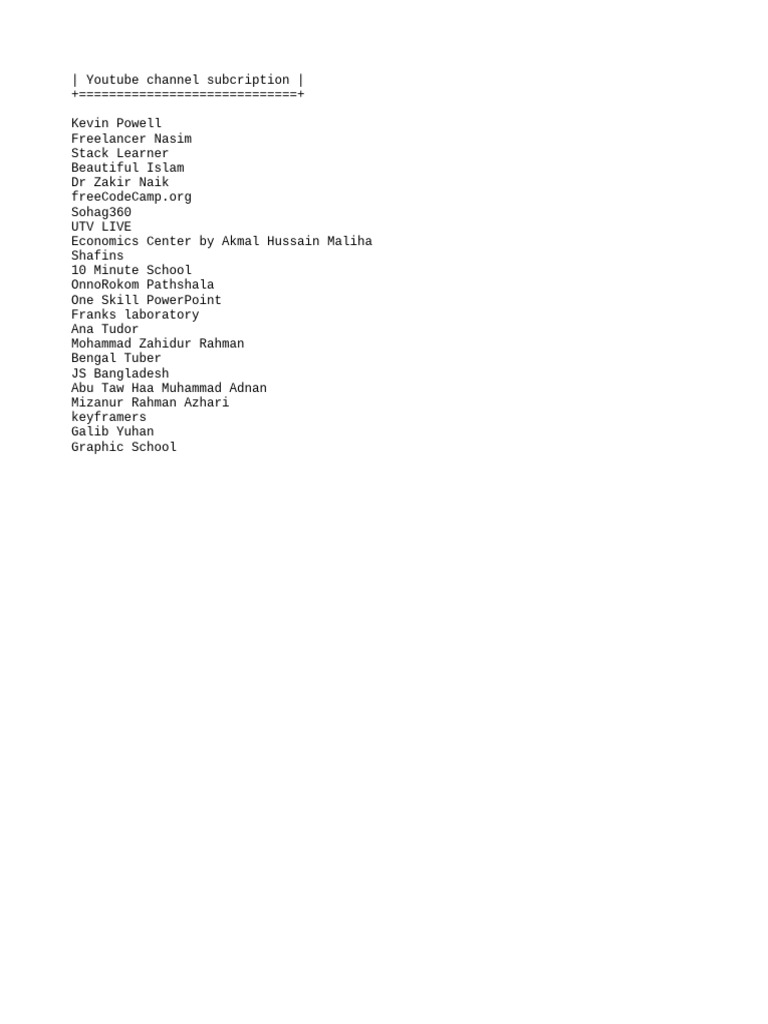 Youtube Subscription Channel List | PDF