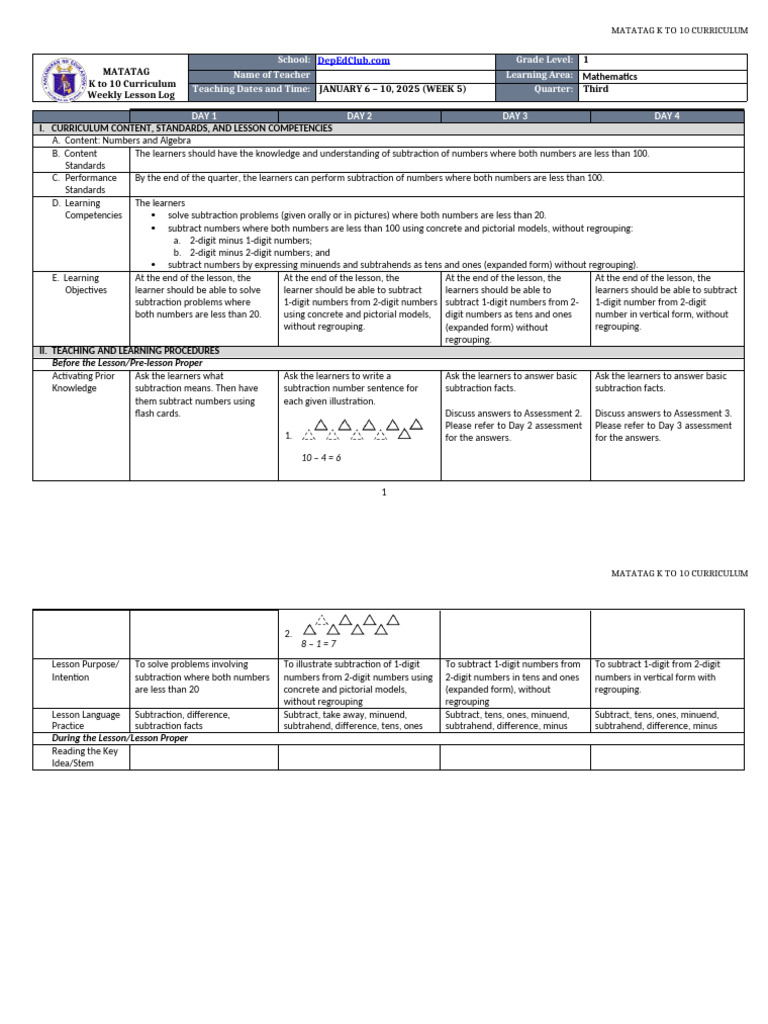 DLL Matatag - Mathematics 1 Q3 - W5 | PDF | Subtraction | Mathematics