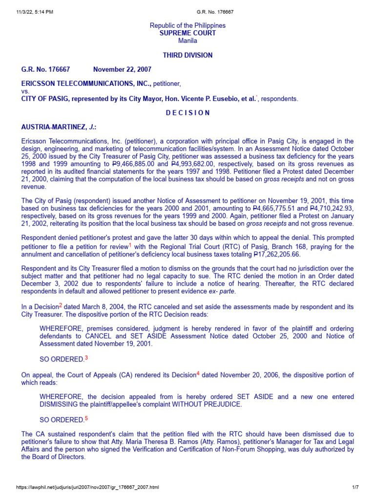 Ericson Telecom Inc. vs. City of Pasig | PDF | Income | Payments